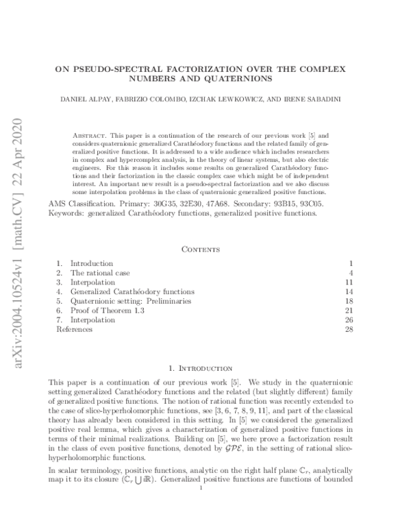 (PDF) On Pseudo-Spectral Factorization over the Complex Numbers and Quaternions
