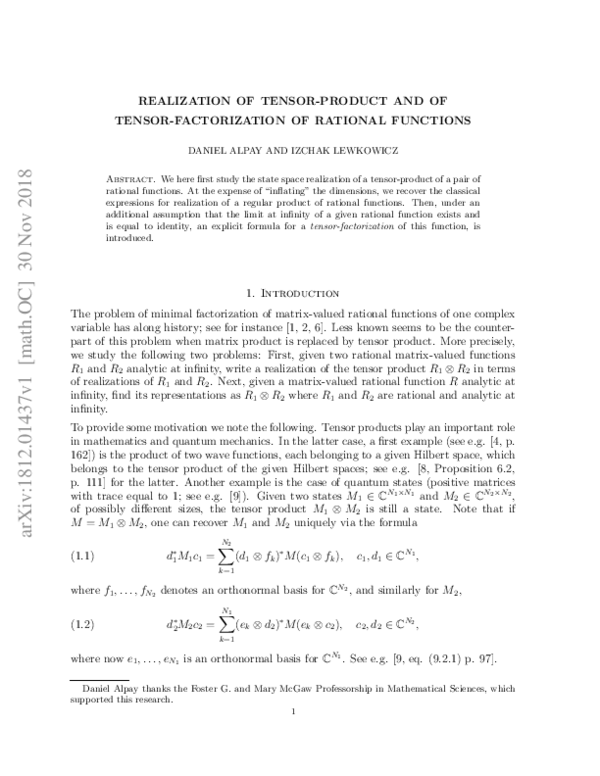(PDF) Realization of tensor product and of tensor factorization of ...
