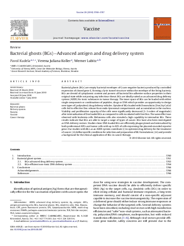 (PDF) Bacterial ghosts (BGs)—Advanced antigen and drug delivery system