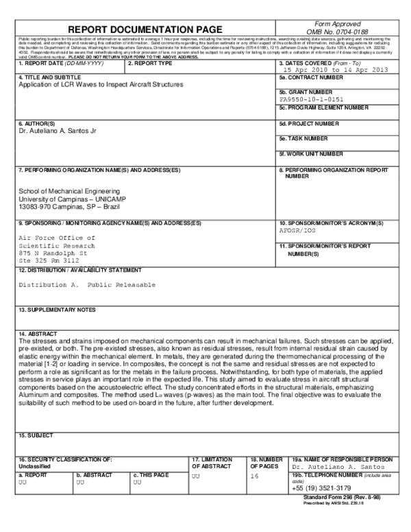 (PDF) Application of LCR Waves to Inspect Aircraft Structures