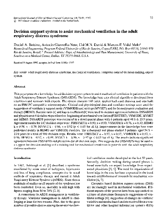 (PDF) Decision support system to assist mechanical ventilation in the adult respiratory distress ...