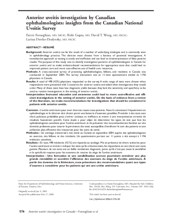 (PDF) Anterior uveitis investigation by Canadian ophthalmologists ...