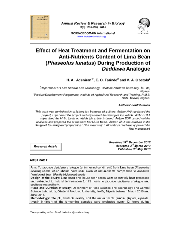 (PDF) Effect of Heat Treatment and Fermentation on Anti-Nutrients ...