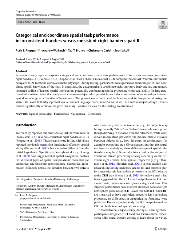 (PDF) Categorical and coordinate spatial task performance in ...