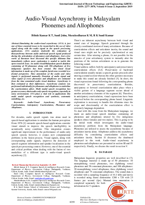 (PDF) Audio-Visual Asynchrony in Malayalam Phonemes and Allophones