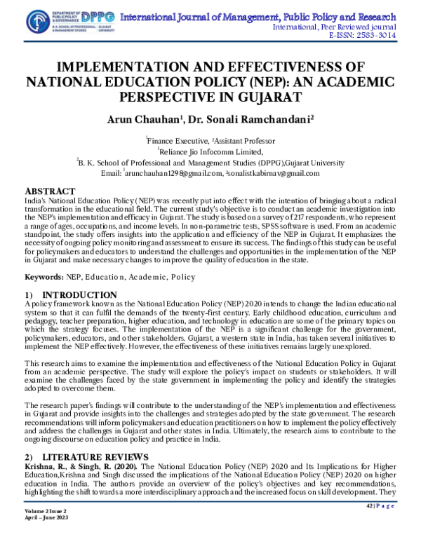 (PDF) Implementation and Effectiveness of National Education Policy (Nep): An Academic ...