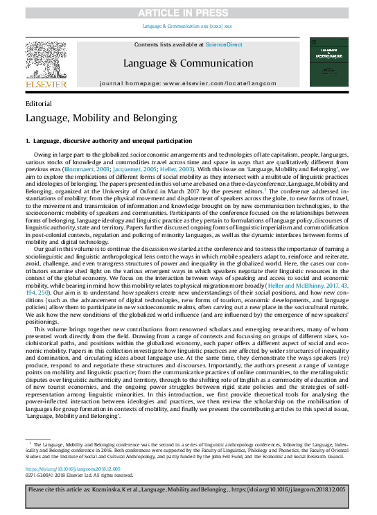 (PDF) Language, Mobility and Belonging
