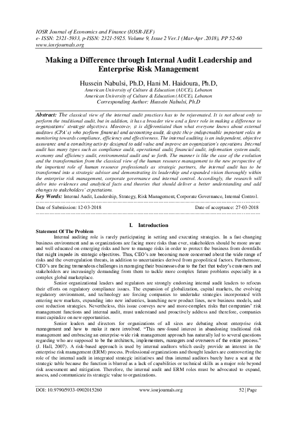 (PDF) Making a Difference through Internal Audit Leadership and Enterprise Risk Management