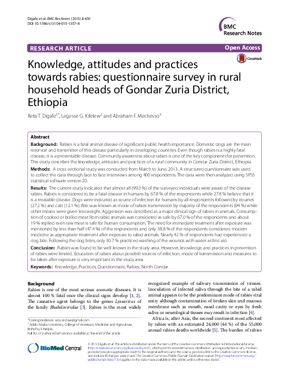 (PDF) Knowledge, attitudes and practices towards rabies: questionnaire survey in rural household ...