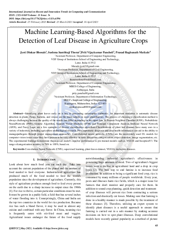 (PDF) Machine Learning-Based Algorithms for the Detection of Leaf Disease in Agriculture Crops