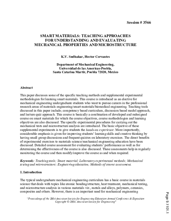 (PDF) Smart Materials: Teaching Approaches For Understanding And Evaluating Mechanical ...