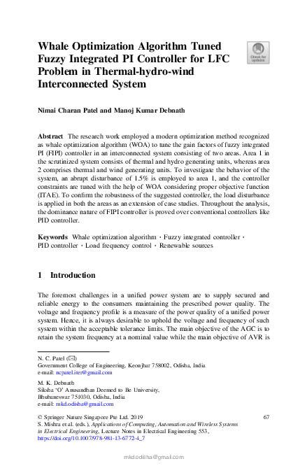 Pdf Whale Optimization Algorithm Tuned Fuzzy Integrated Pi Controller
