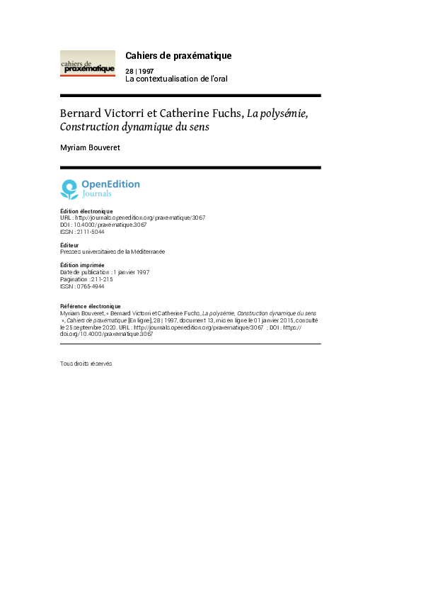 (PDF) Bernard Victorri et Catherine Fuchs, La polysémie, Construction ...