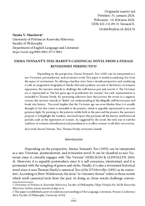 (PDF) Emma Tennant's "Tess": Hardy's canonical novel from a female ...