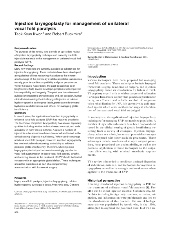 (PDF) Injection laryngoplasty for management of unilateral vocal fold ...