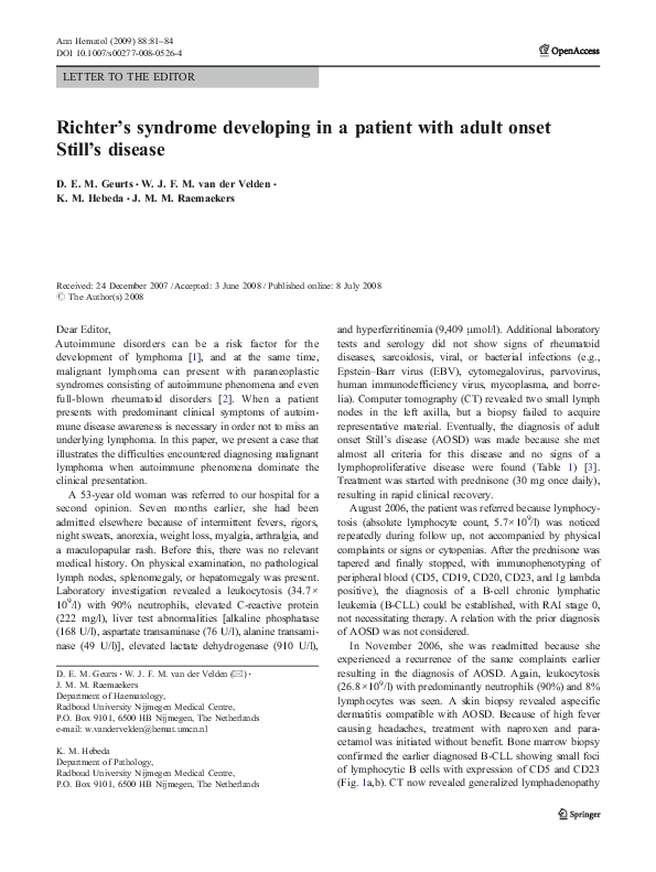(PDF) Richter’s syndrome developing in a patient with adult onset Still ...