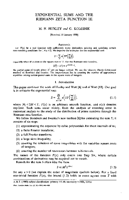(PDF) Exponential Sums and the Riemann Zeta Function III