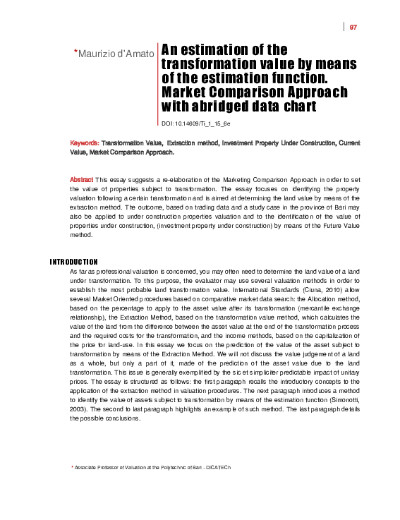 (PDF) An estimation of the transformation value by means of the estimation function. Market ...