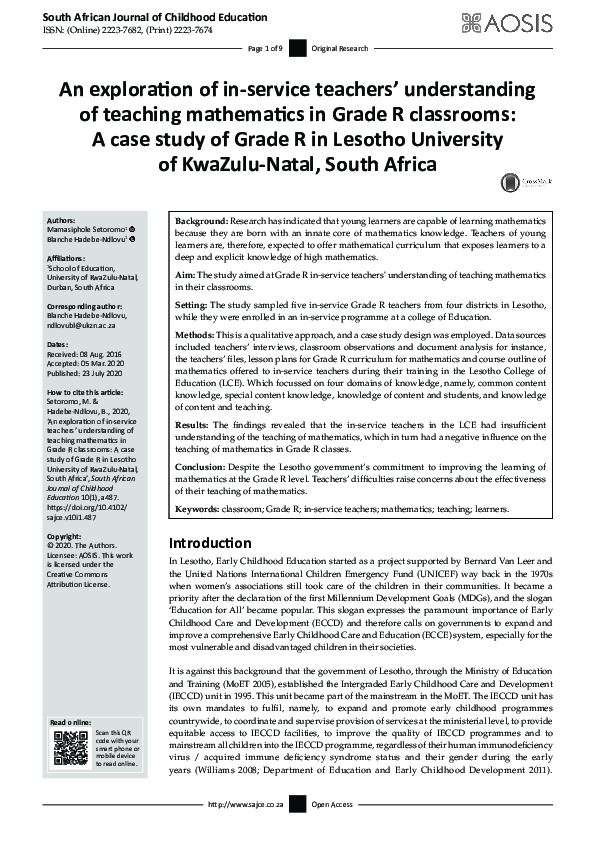 (PDF) An exploration of in-service teachers’ understanding of teaching mathematics in Grade R ...
