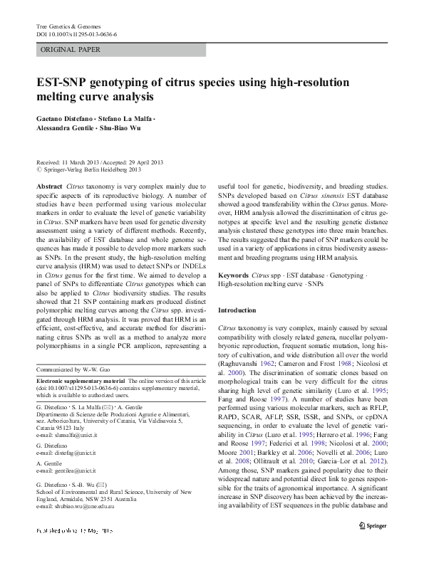Pdf Est Snp Genotyping Of Citrus Species Using High Resolution Melting Curve Analysis