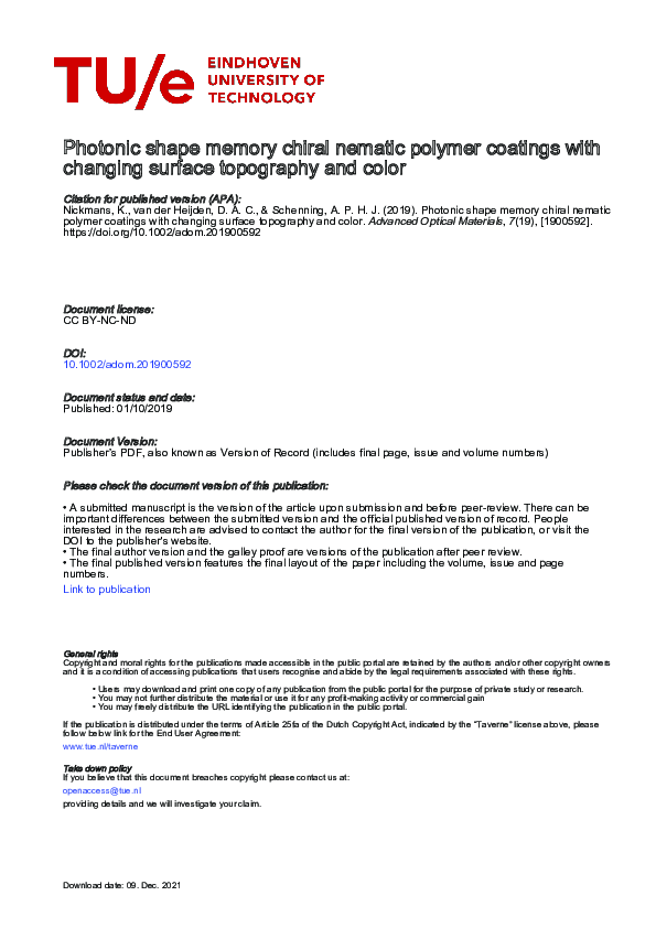 (PDF) Photonic Shape Memory Chiral Nematic Polymer Coatings with ...