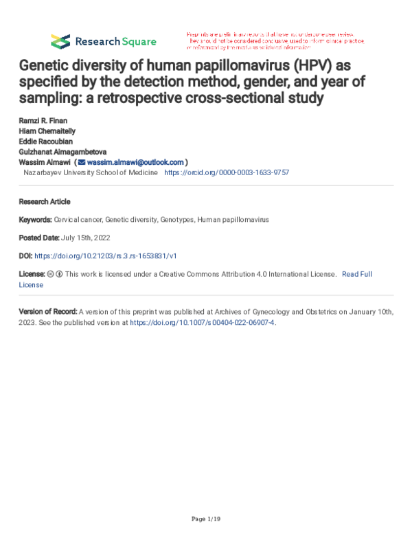 (PDF) Genetic diversity of human papillomavirus (HPV) as specified by the detection method ...
