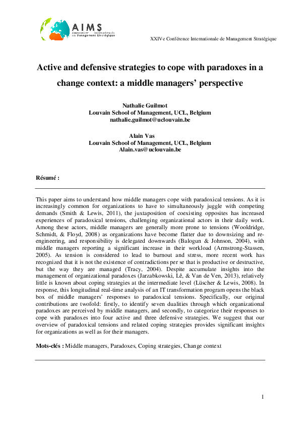 (PDF) Active and defensive strategies to cope with paradoxes in a change context : a middle ...