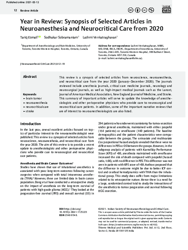(PDF) Year in Review: Synopsis of Selected Articles in Neuroanesthesia ...