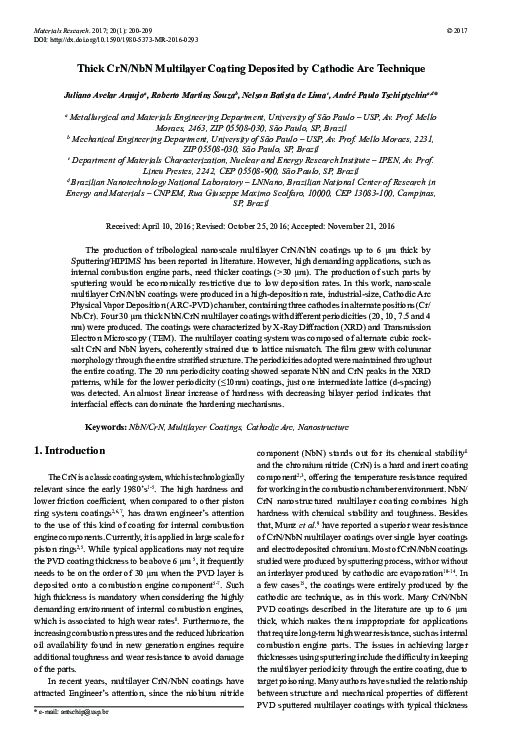 (PDF) Thick CrN/NbN Multilayer Coating Deposited by Cathodic Arc Technique