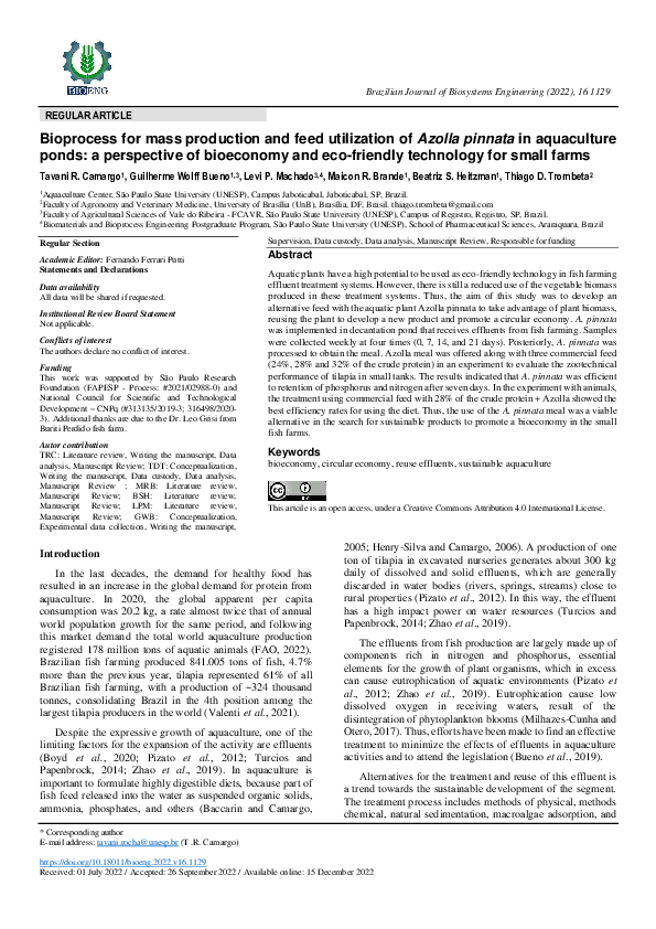 (PDF) Bioprocess for mass production and feed utilization of Azolla ...
