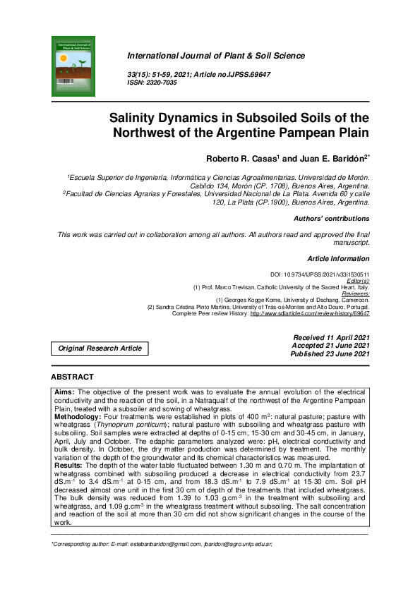 (PDF) Salinity Dynamics in Subsoiled Soils of the Northwest of the Argentine Pampean Plain