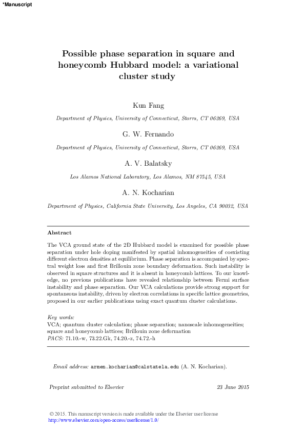 (PDF) Possible phase separation in square and honeycomb Hubbard model: A variational cluster study
