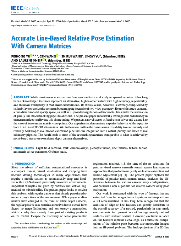 (PDF) Accurate Line-Based Relative Pose Estimation With Camera Matrices | Peihong Yu - Academia.edu