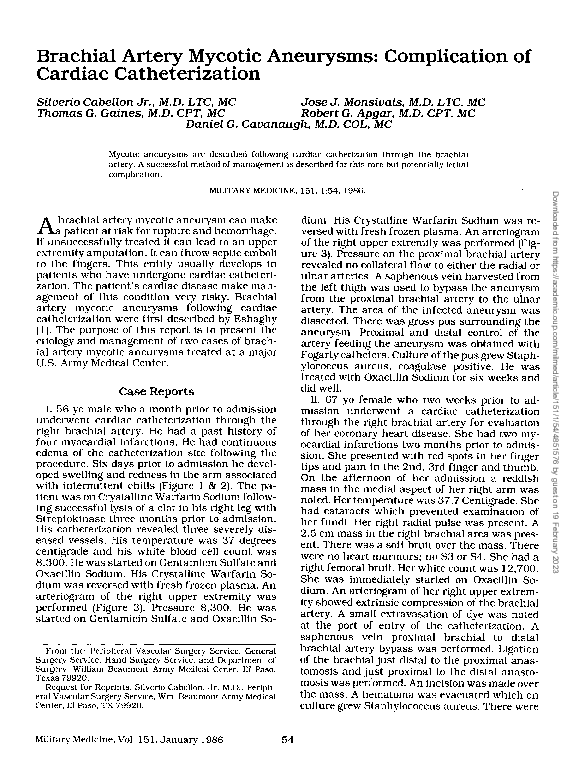(PDF) Brachial Artery Mycotic Aneurysms: Complication of Cardiac ...