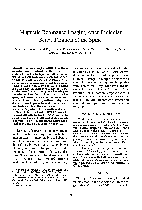 (PDF) Magnetic Resonance Imaging After Pedicular Screw Fixation of the ...