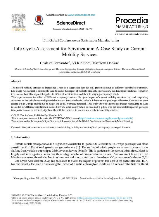 (PDF) Life Cycle Assessment for Servitization: A Case Study on Current ...