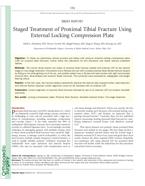 (PDF) Staged Treatment of Proximal Tibial Fracture Using External Locking Compression Plate