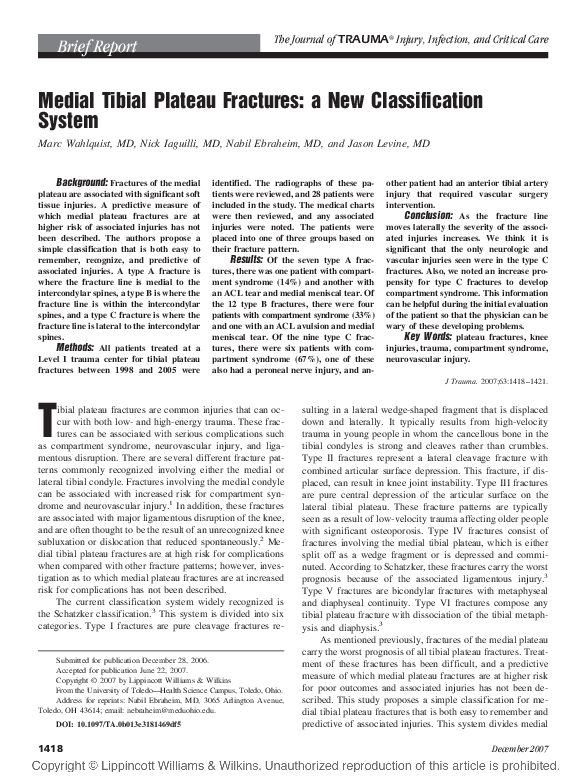 (PDF) Medial Tibial Plateau Fractures: a New Classification System