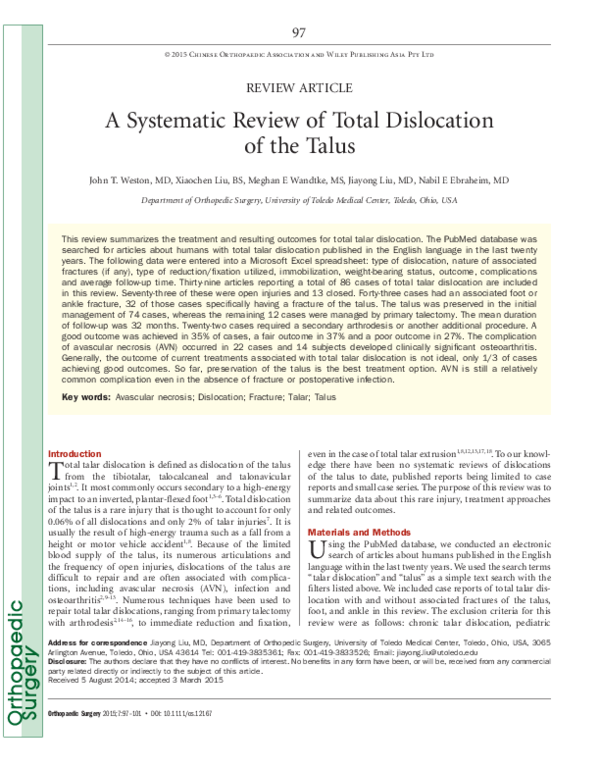 (PDF) A Systematic Review of Total Dislocation of the Talus