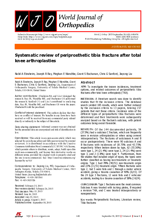 Pdf Systematic Review Of Periprosthetic Tibia Fracture After Total
