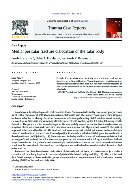 (PDF) Medial peritalar fracture dislocation of the talar body