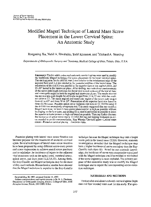 (PDF) Modified Magerl Technique of Lateral Mass Screw Placement in the ...