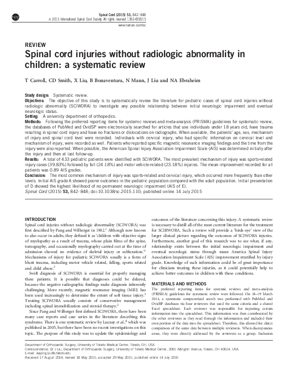 (PDF) Spinal cord injuries without radiologic abnormality in children: a systematic review