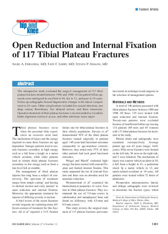 (PDF) Open Reduction and Internal Fixation of 117 Tibial Plateau Fractures