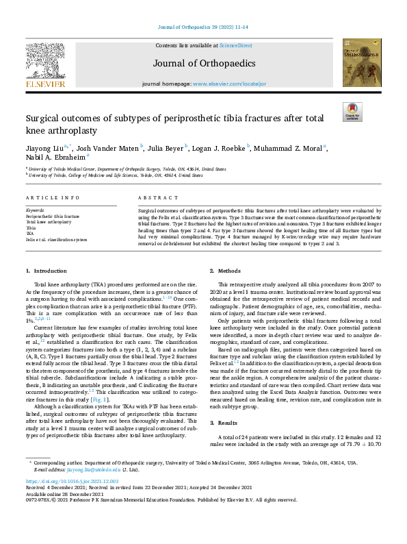 (PDF) Surgical outcomes of subtypes of periprosthetic tibia fractures after total knee ...