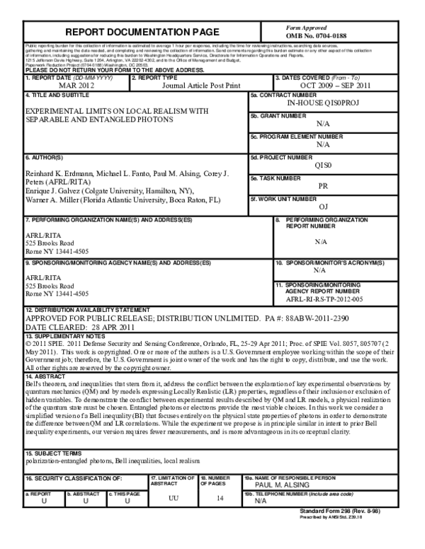 (PDF) Experimental limits on local realism with separable and entangled ...