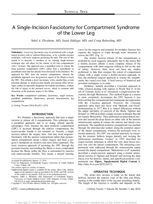 (PDF) A Single-Incision Fasciotomy for Compartment Syndrome of the ...