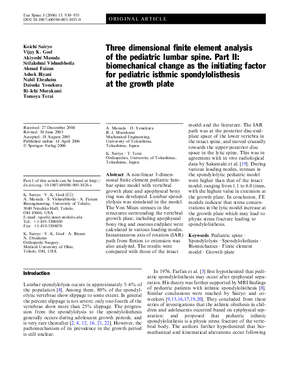 (PDF) Three dimensional finite element analysis of the pediatric lumbar ...