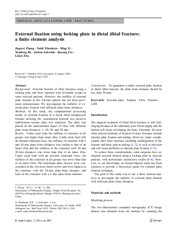 (PDF) External fixation using locking plate in distal tibial fracture: a finite element analysis