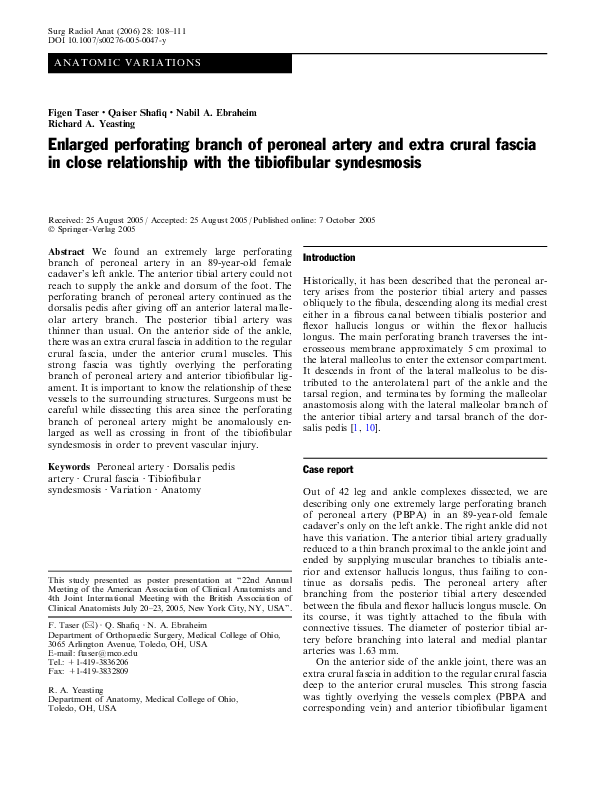 (PDF) Peroneal Artery Variation in Ankle Anatomy